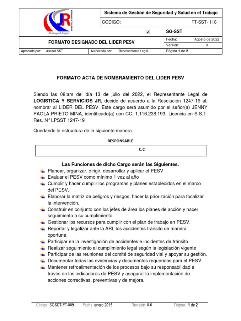 1 SGSST-FT 009 Formato Designado Del Lider PESV | PDF