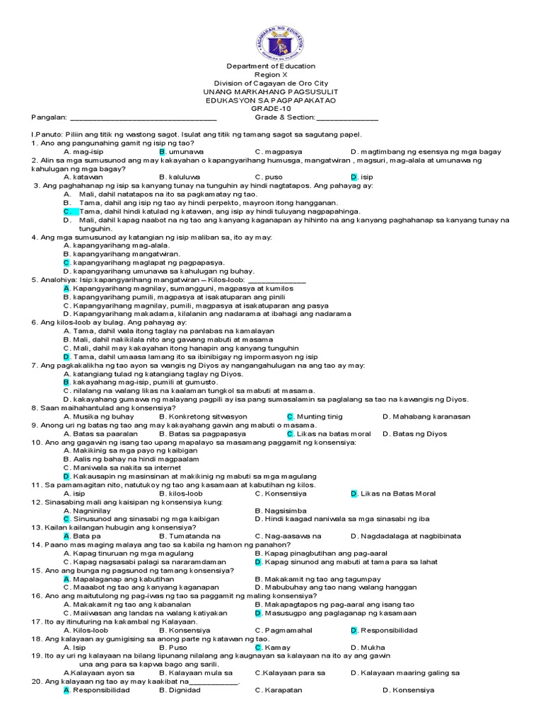 ESP Grade 10 TQ Quarter 1 | PDF
