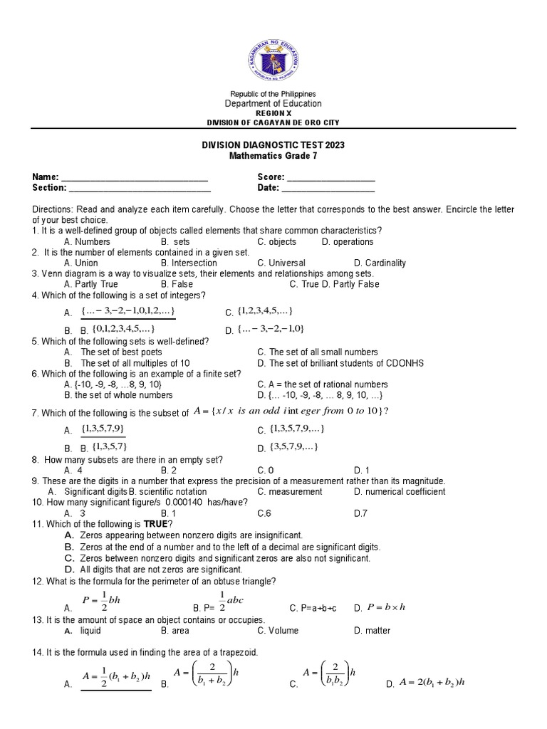 Diagnostic Math 7 2023 2024 | PDF | Set (Mathematics) | Line (Geometry)