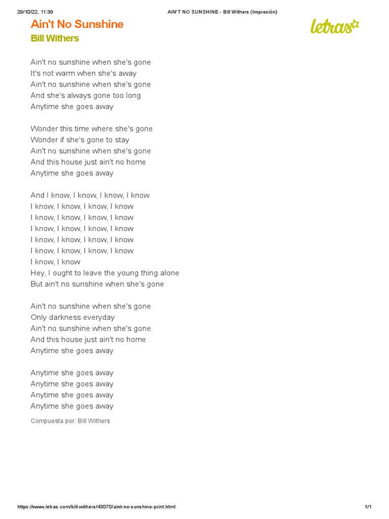 Ain't No Sunshine by Bill Withers | PDF | Mystery, Thriller & Crime ...