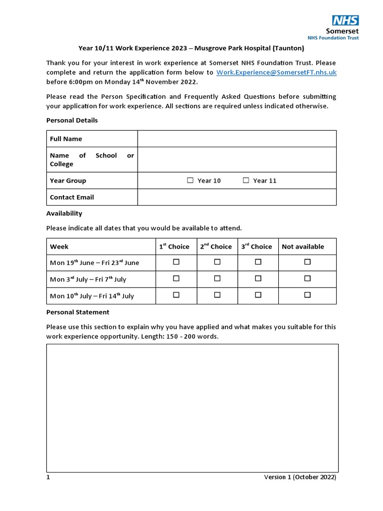 Year 10 Work Experience MPH Application Form 2023 | Download Free PDF ...