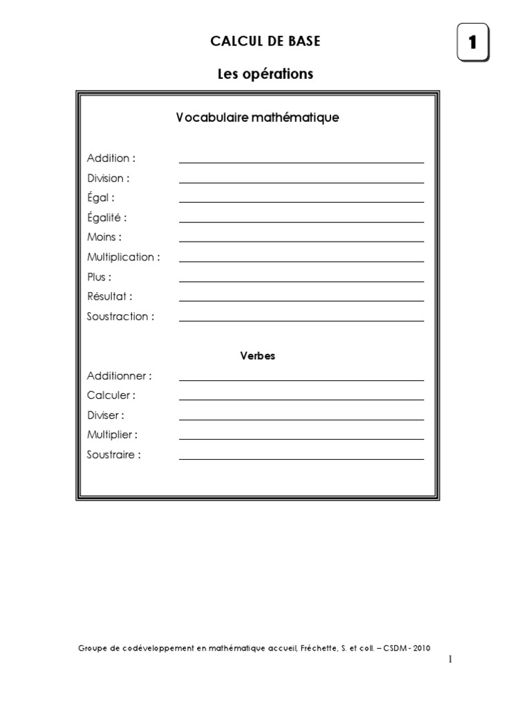 Vocabulaire Mathématique de Base | PDF | Division | Multiplication