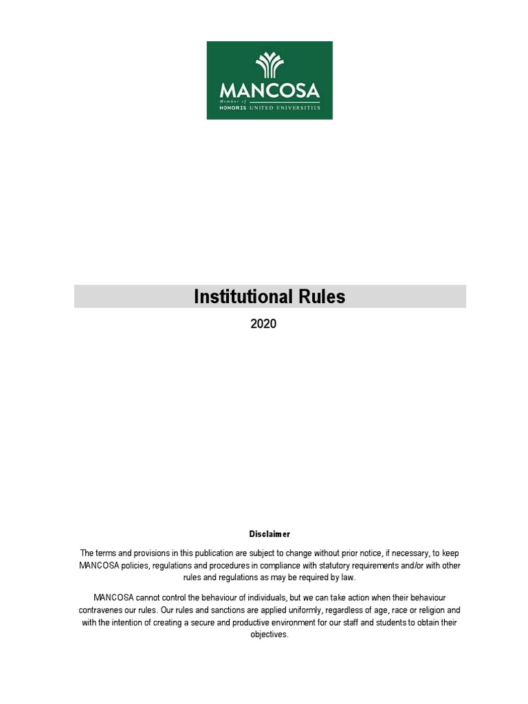 MANCOSA Institutional Rules 2020 | PDF | Academic Degree | Diploma