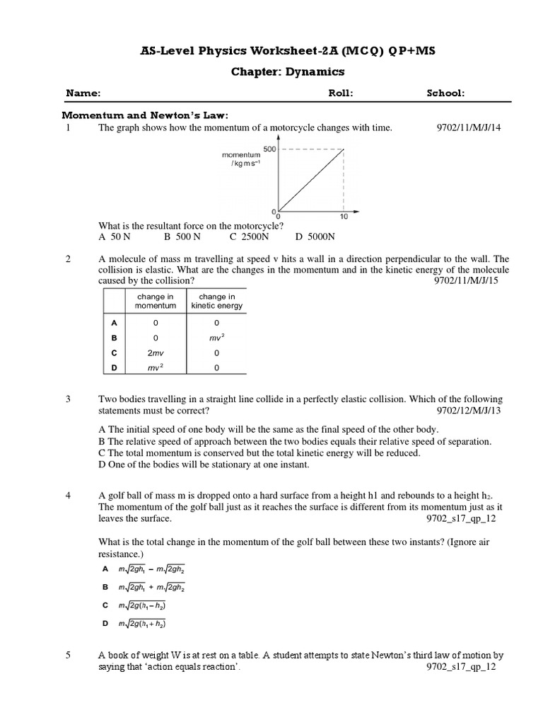 Worksheet 2A-QP MS (Dynamics) | PDF | Force | Collision