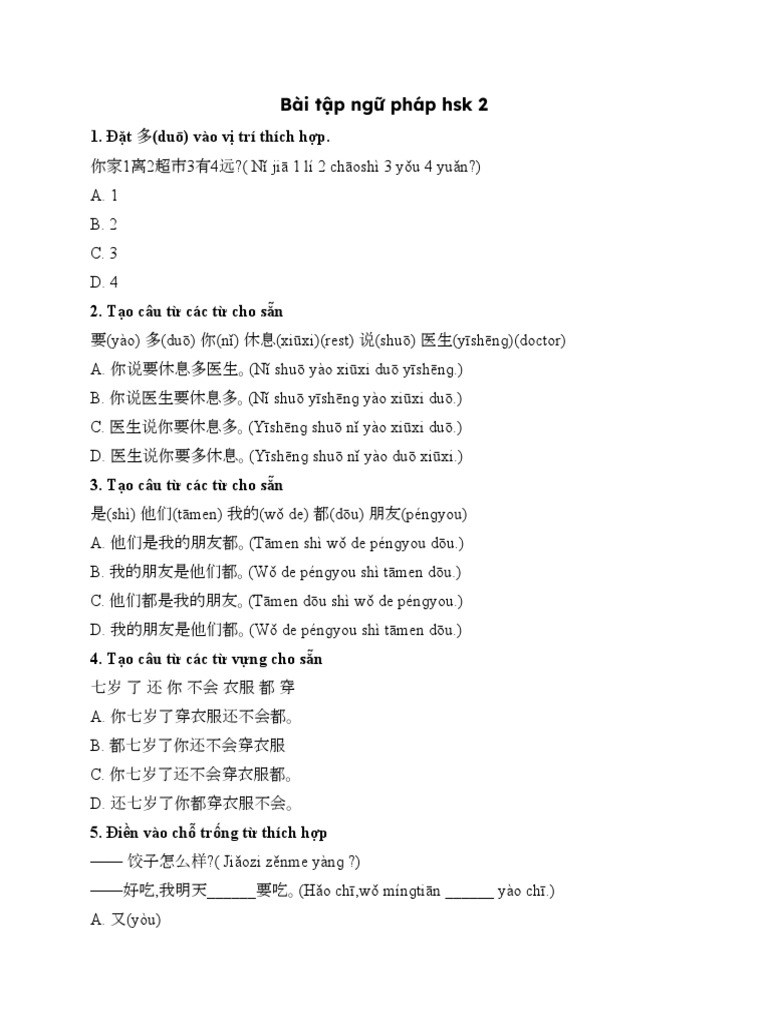 (PREP SƯU TẦM) Bài tập ngữ pháp hsk 2 | PDF