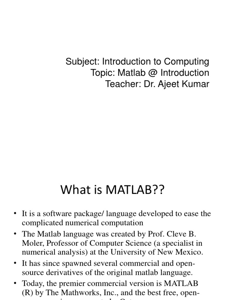 INTRODUCTION TO MATLAB Lecture 1 | PDF | Matlab | Software Engineering INTRODUCTION TO MATLAB Lecture 1 | PDF | Matlab | Software Engineering