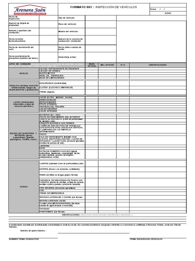Gth-f-75 Formato SST - Formato Inspeccion de Vehiculo 2.0 | PDF ... Gth-f-75 Formato SST - Formato Inspeccion de Vehiculo 2.0 | PDF ...