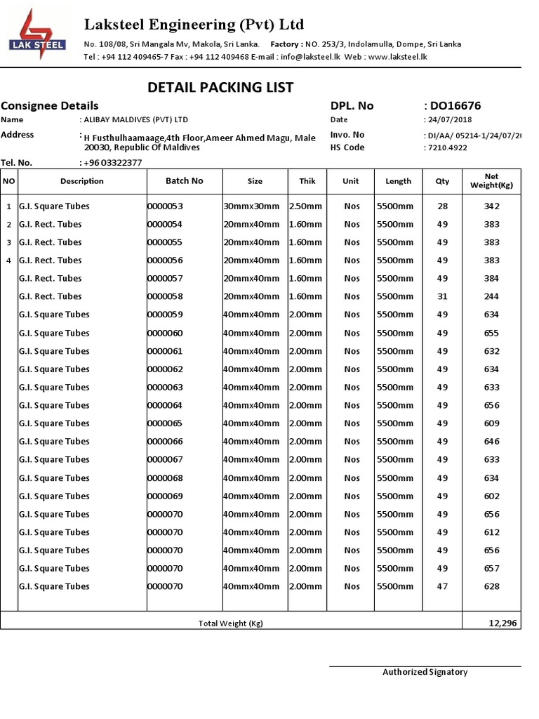 Laksteel Engineering (PVT) LTD: Consignee Details Dpl. No | PDF