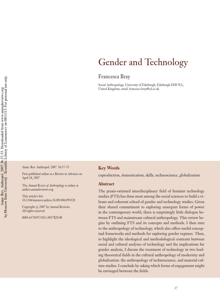 Francesca Bray_2007_gender and Technology | PDF | Anthropology | Gender