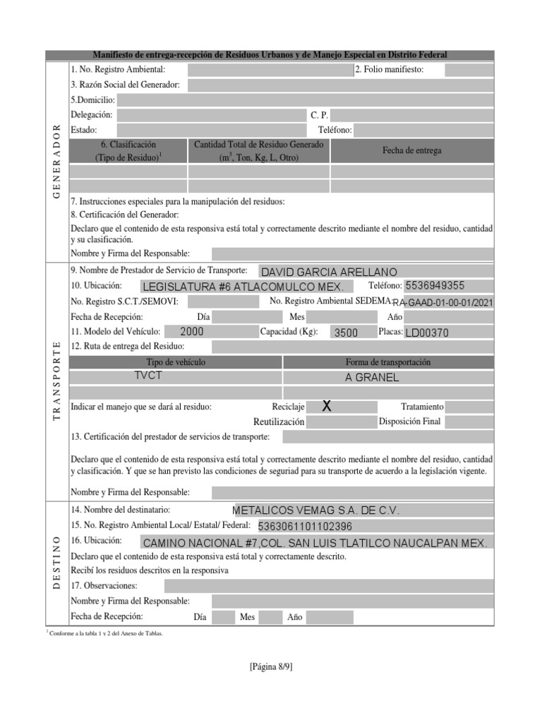 Formulario Manifiesto | PDF | Residuos