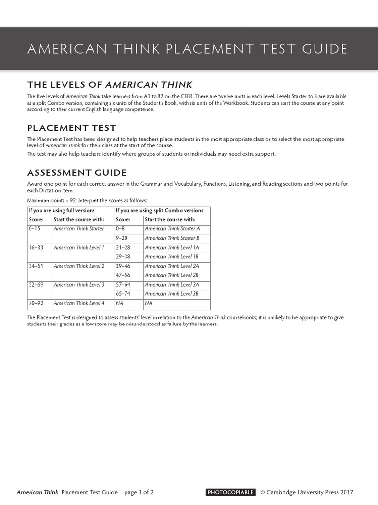 American Think Placement Test - Guide and Answer Key Final | PDF ...
