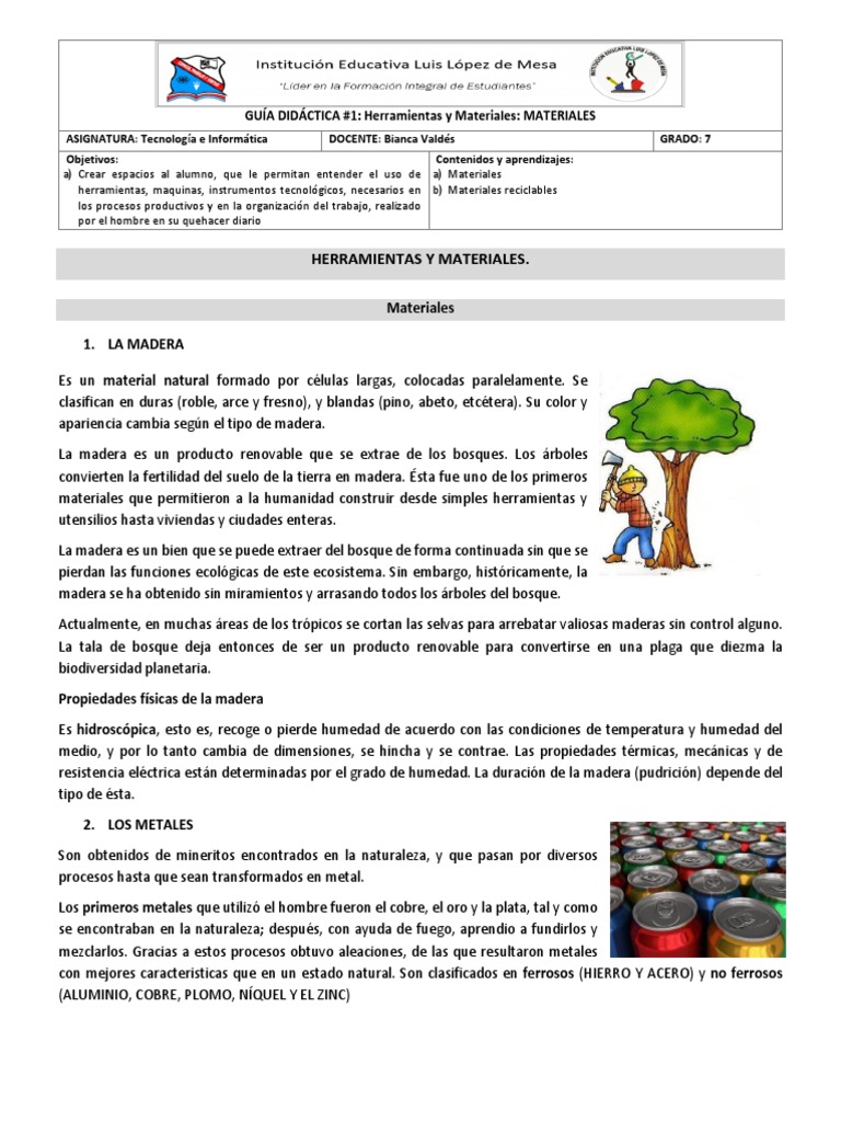 Actividad 1 - Grado 7 - Lectura Herrmientas y Materiales (Materiales ...