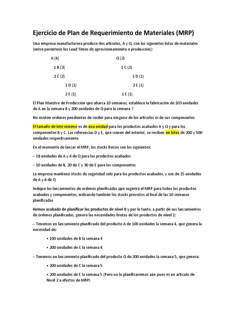 Ejercicio de Plan de Requerimiento de Materiales | PDF | Economias | Business