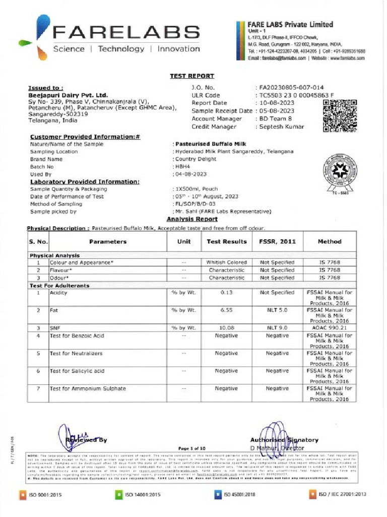 Buffalo Milk Test Report | PDF