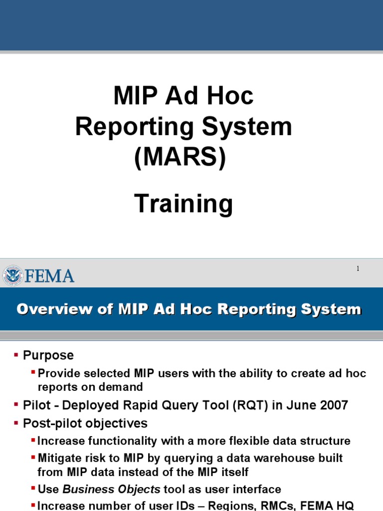 MIP Ad Hoc Reporting System (MARS) Training | PDF | Object (Computer ...