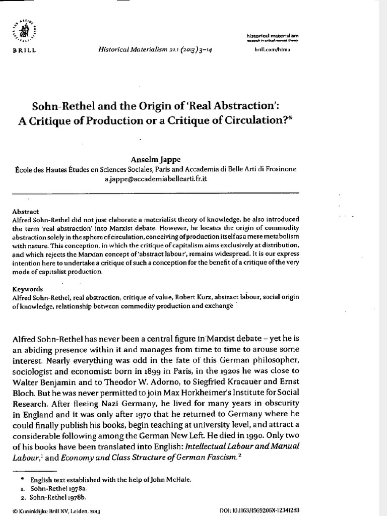 Anselm Jappe Sohn Rethel and The Origin of Real Abstraction | PDF | Abstraction | Karl Marx