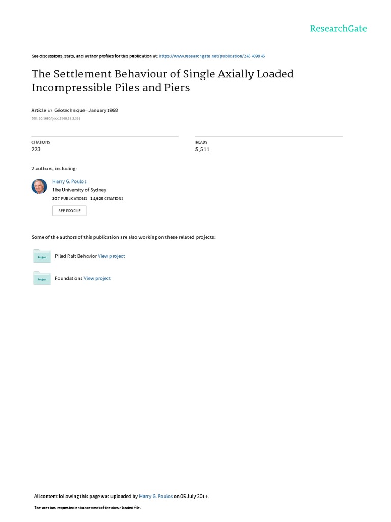 Poulos - 1967 - The Settlement Behaviour of Single Axially Loaded Incompressible Piles and Piers ...