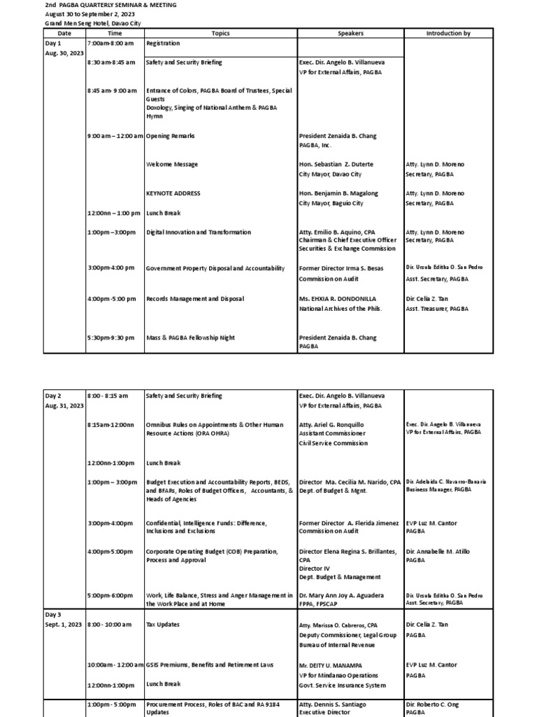 PAGBA 2023 Quarterly Seminar Agenda | PDF | Government | Business