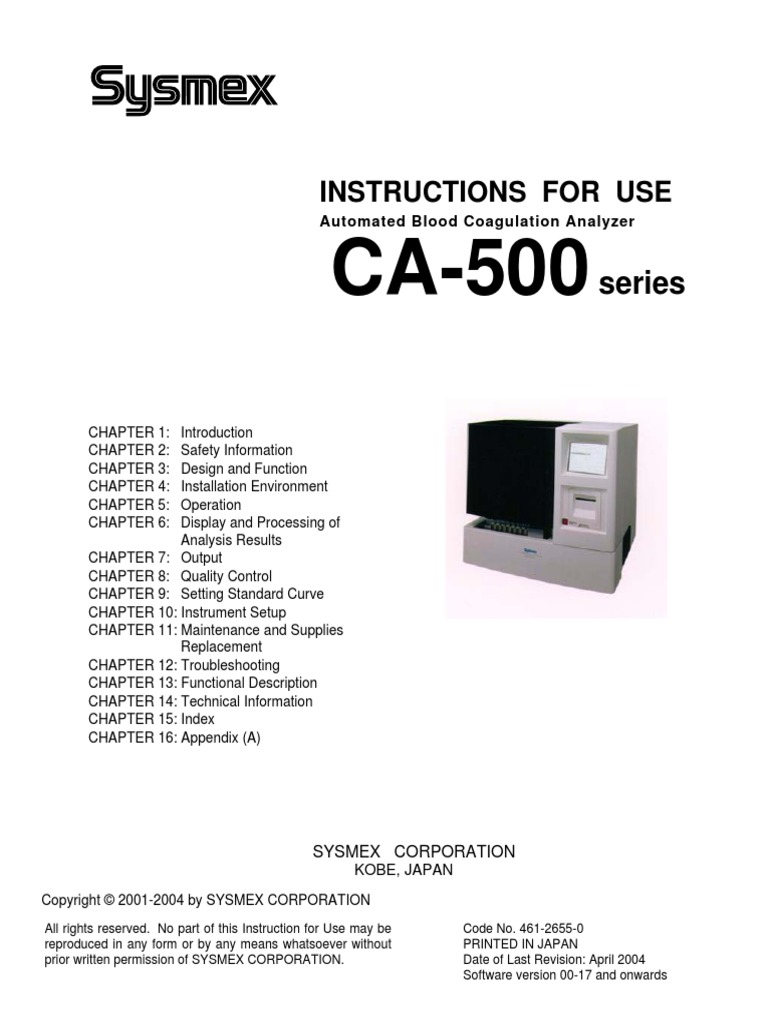 CA-500 Series Instructions For Use Sysmex Corporation Kobe, Japan ...