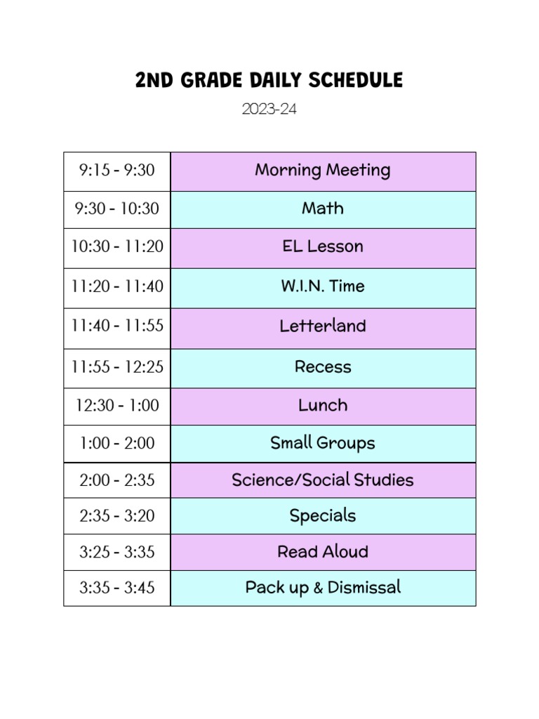2nd Grade Daily Schedule 23-24 | PDF