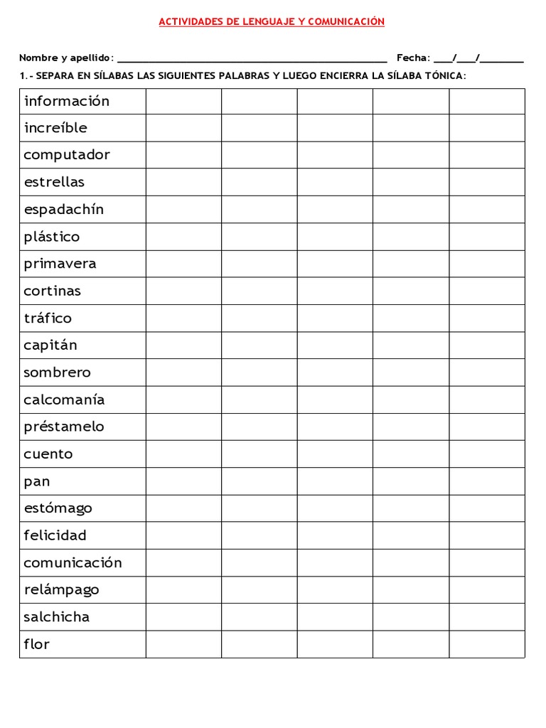 Separa en Sílabas Las Siguientes Palabras y Luego Encierra La Sílaba ...