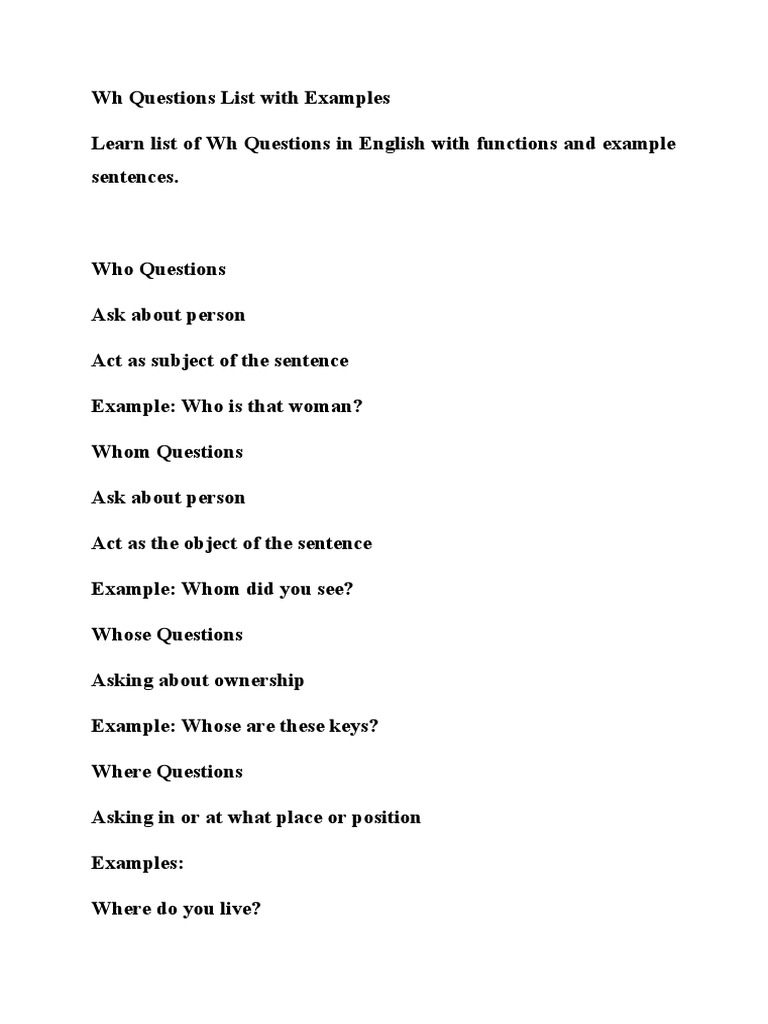 WH Questions List With Examples | PDF
