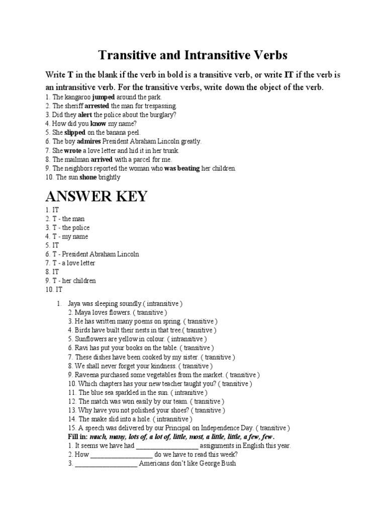 Transitive and Intransitive Verbs | PDF | Linguistic Morphology ...