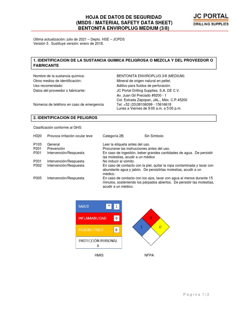 Hoja de Seguridad Bentonita Enviroplug | PDF | Agua | Química