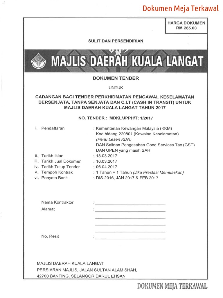 Contoh Tender Pengawal Keselamatan | PDF