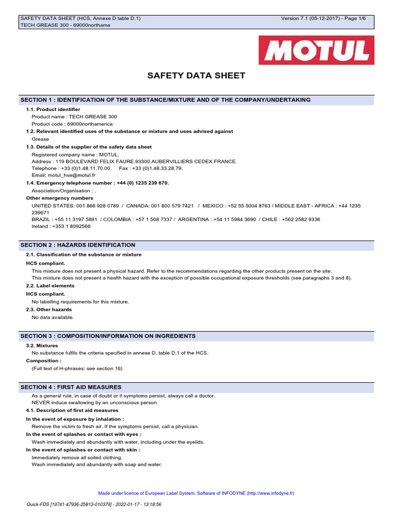 Mekaconsul MOTUL TECH GREASE 300 Safety | PDF | Personal Protective ...