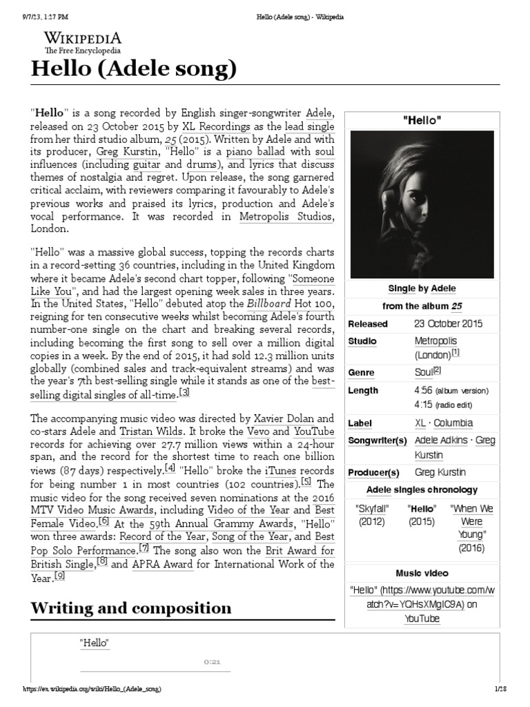 Hello (Adele Song) - Wikipedia | PDF | Recorded Music | Music Industry