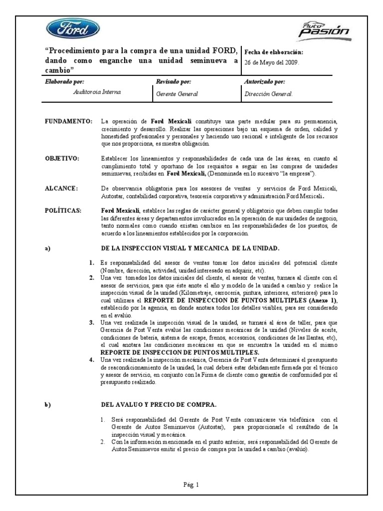 Procedimiento para La Compra de Una Unidad FORD. | PDF | Cheque ...
