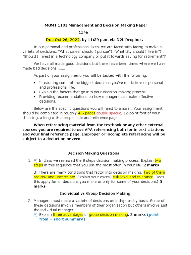 Bow Valley College MGMT 1101 Management and Decision Making Paper ...
