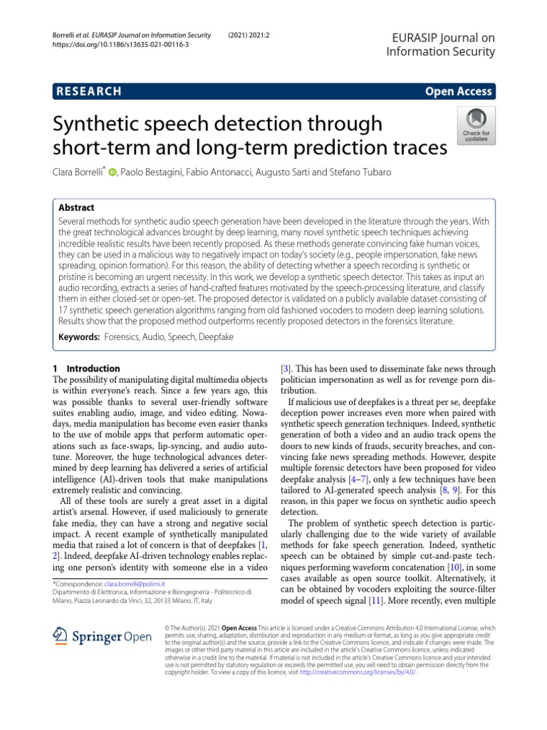 Synthetic Speech Detection Through Short Term And Long Term Prediction Traces Pdf Speech