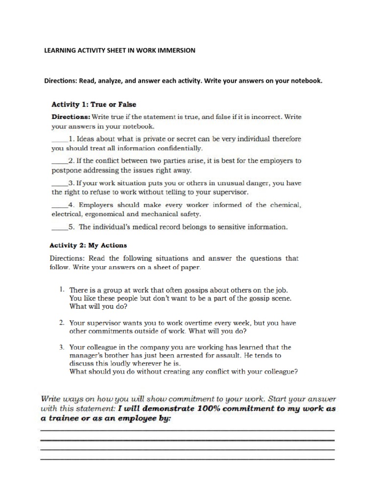 Learning Activity Sheet in Work Immersion | PDF
