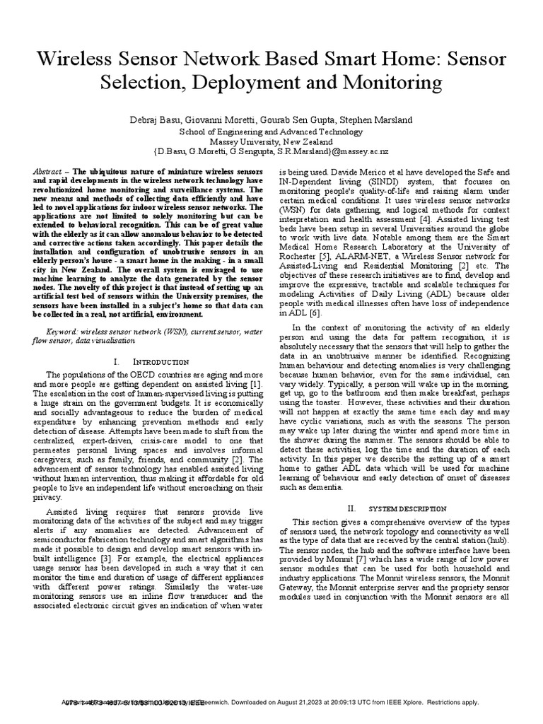 Wireless Sensor Network Based Smart Home Sensor Selection Deployment and Monitoring | PDF ...