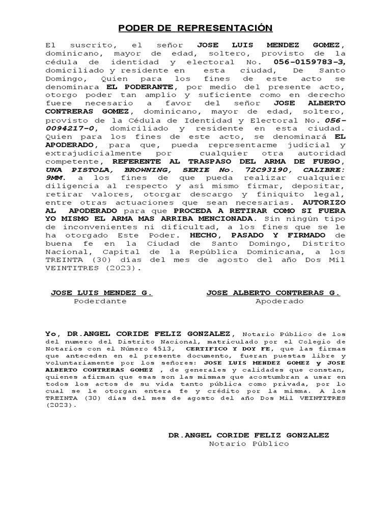 Poder de Representacion Arma de Fuego | PDF