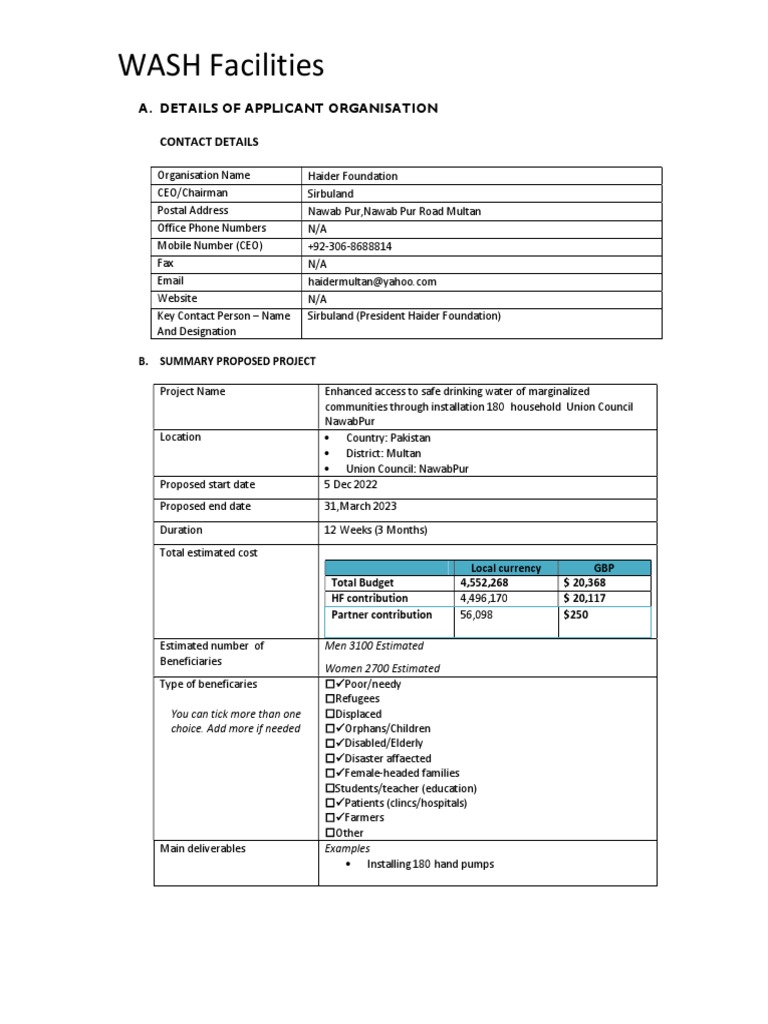 HF Wash Proposal | PDF | Wash | Sanitation