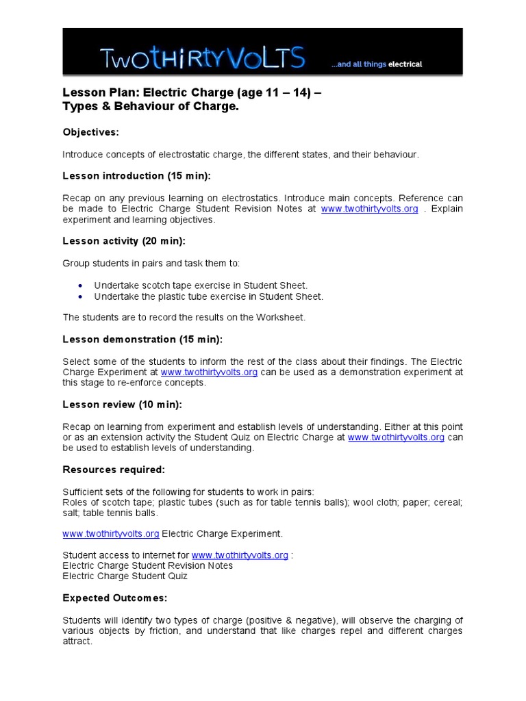 Electric Charge Lesson Plan for Ages 11-14 | PDF | Electric Charge ...