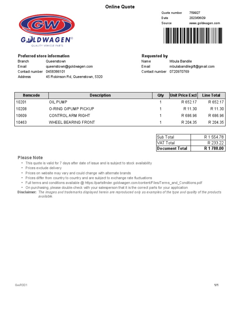 Requested by Preferred Store Information: Description Itemcode Qty Unit Price Excl Line Total ...