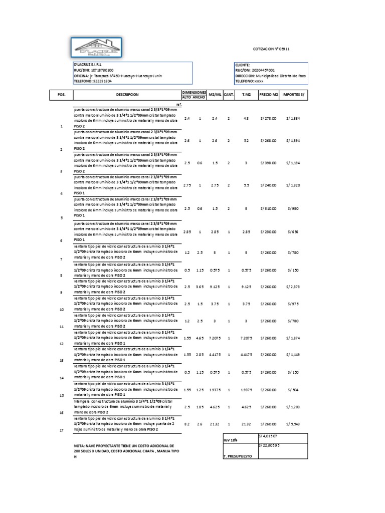 Cotizacion de Ventanas Puertas Mampara | PDF | Materiales | Química