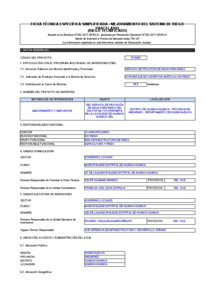 (Riego Tecnificado) Ficha Técnica Específica Simplificada - Mejoramiento Del Sistema de Riego ...