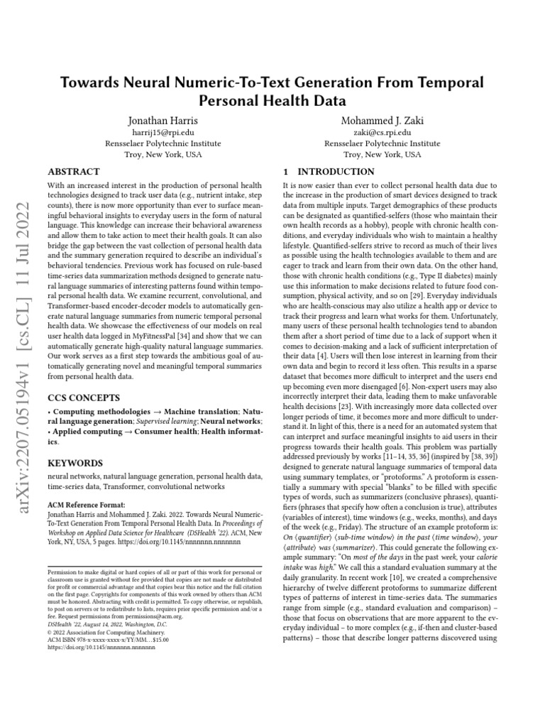 Towards Neural Numeric-To-Text Generation From Temporal Personal Health Data | PDF | Time Series ...