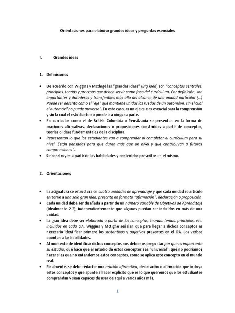Grandes Ideas y Preguntas Esenciales en Currículo | PDF | Plan de ...
