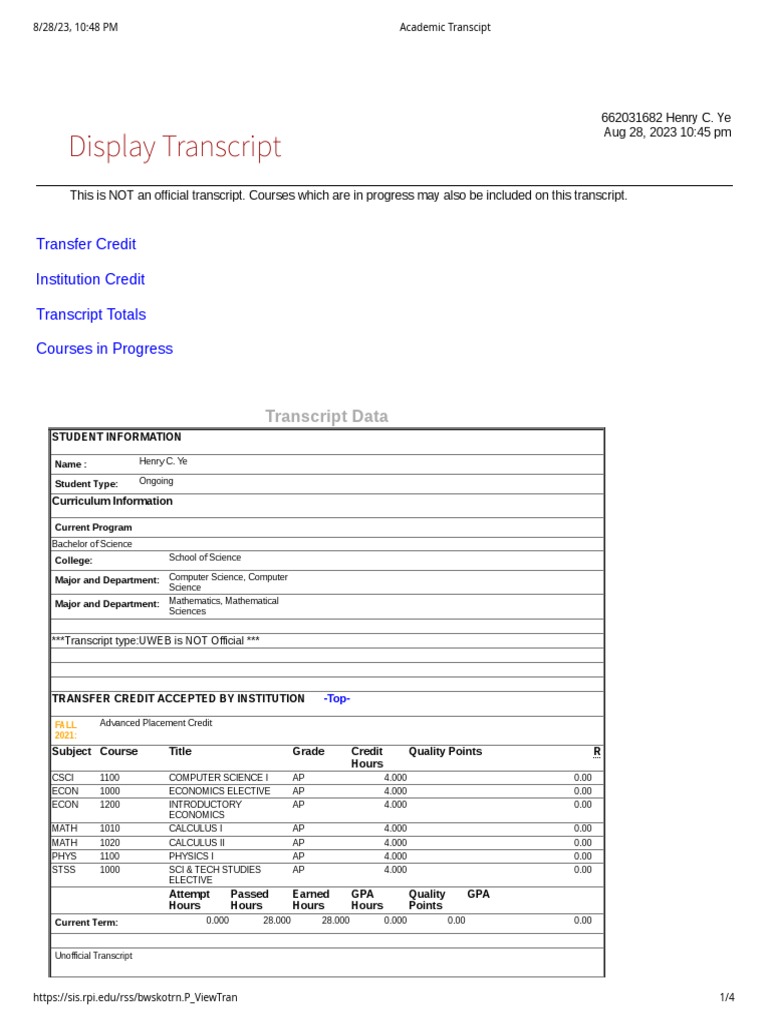 Unofficial Transcript | PDF | Advanced Placement | Mathematics