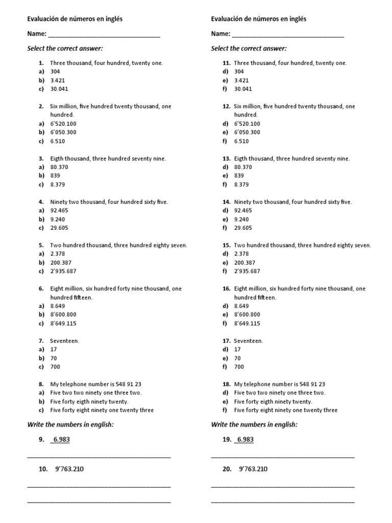 Evaluación de Números en Inglés | PDF