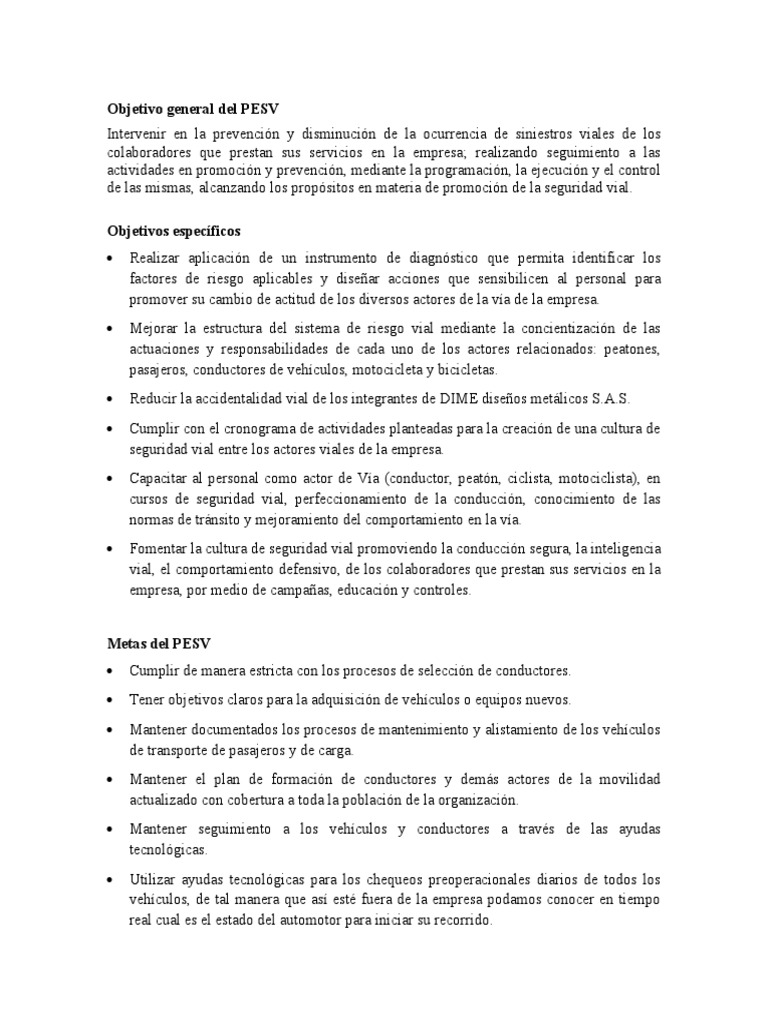 Objetivos Del PESV | Descargar gratis PDF | Seguridad vial | Transporte