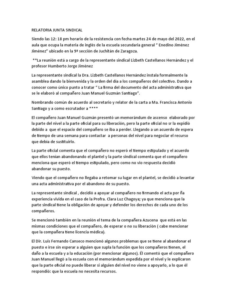 Relatoria Junta Sindical del 24 de mayo | PDF