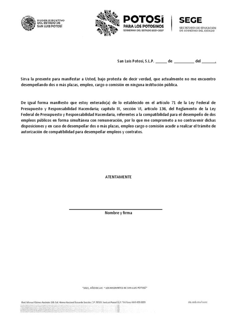 Manifestacion de No Tener Otro Empleo | PDF