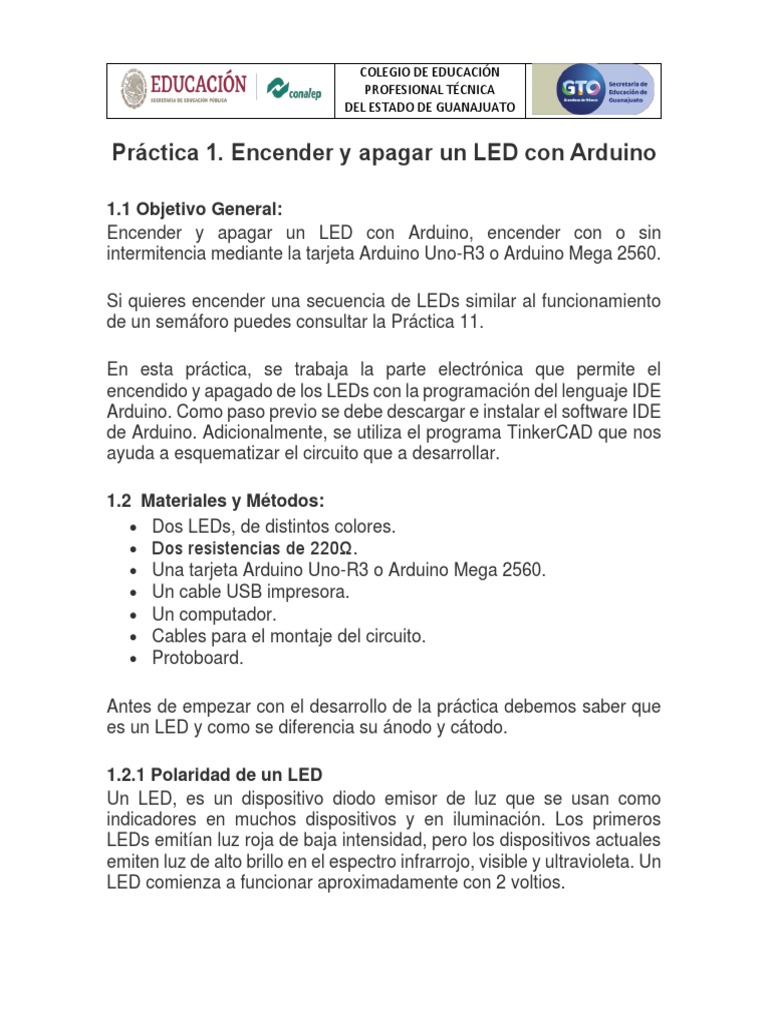 Práctica 1. Encender y Apagar Un LED Con Arduino | PDF | Diodo emisor de luz | Arduino